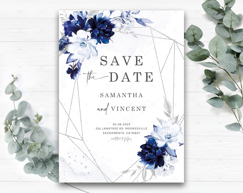 Royal Blue Save the Date Template, Blue and White Save the Date ...