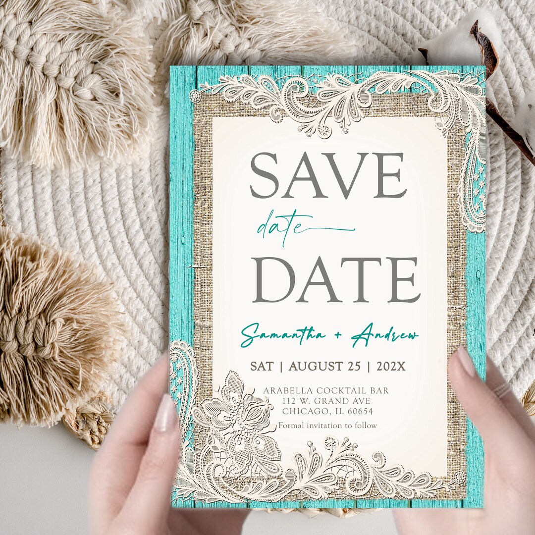 Rustic Turquoise Save the Date Template, Printable Teal Save the Date ...