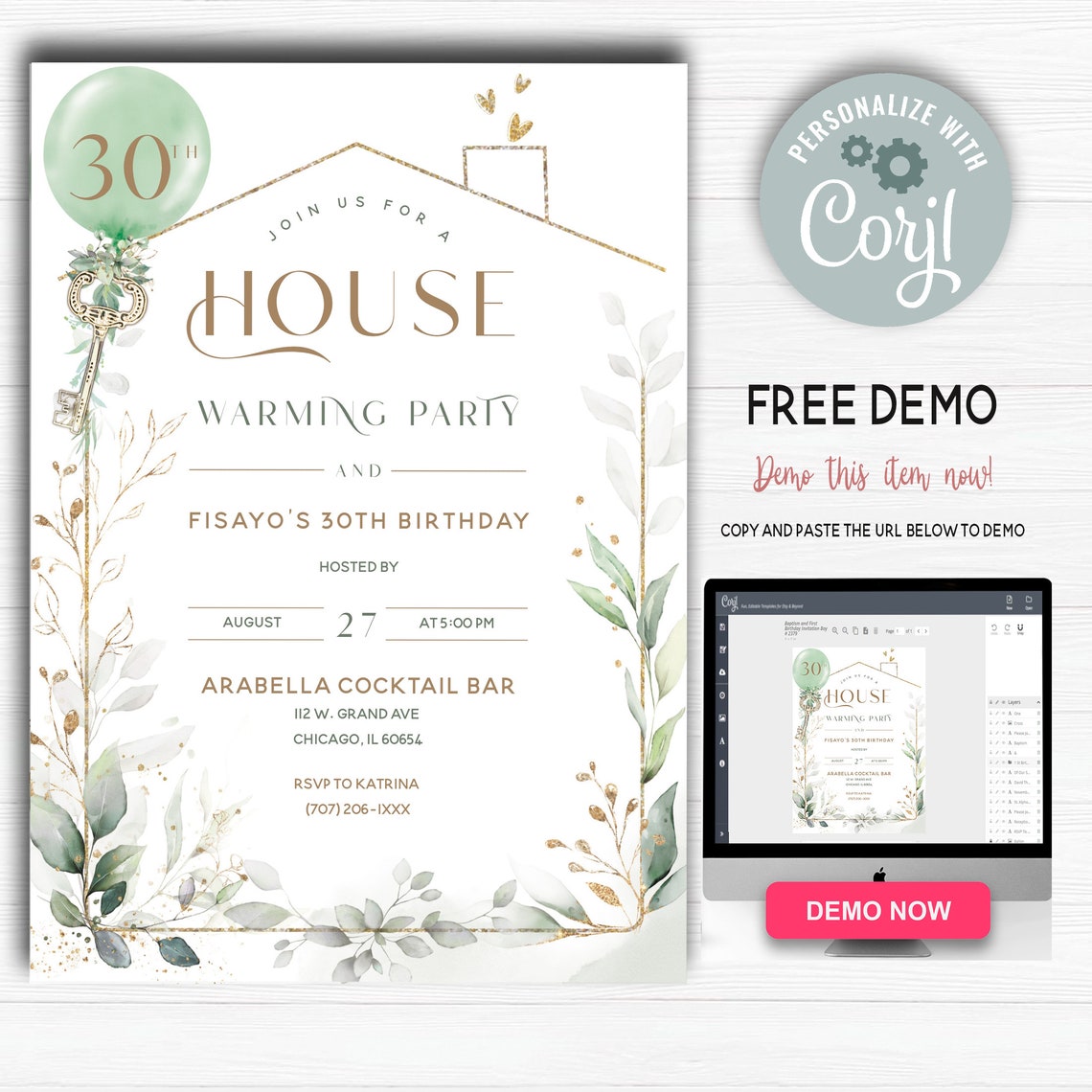 Housewarming and Birthday Invite, Greenery Gold Home Sweet Home Invite ...