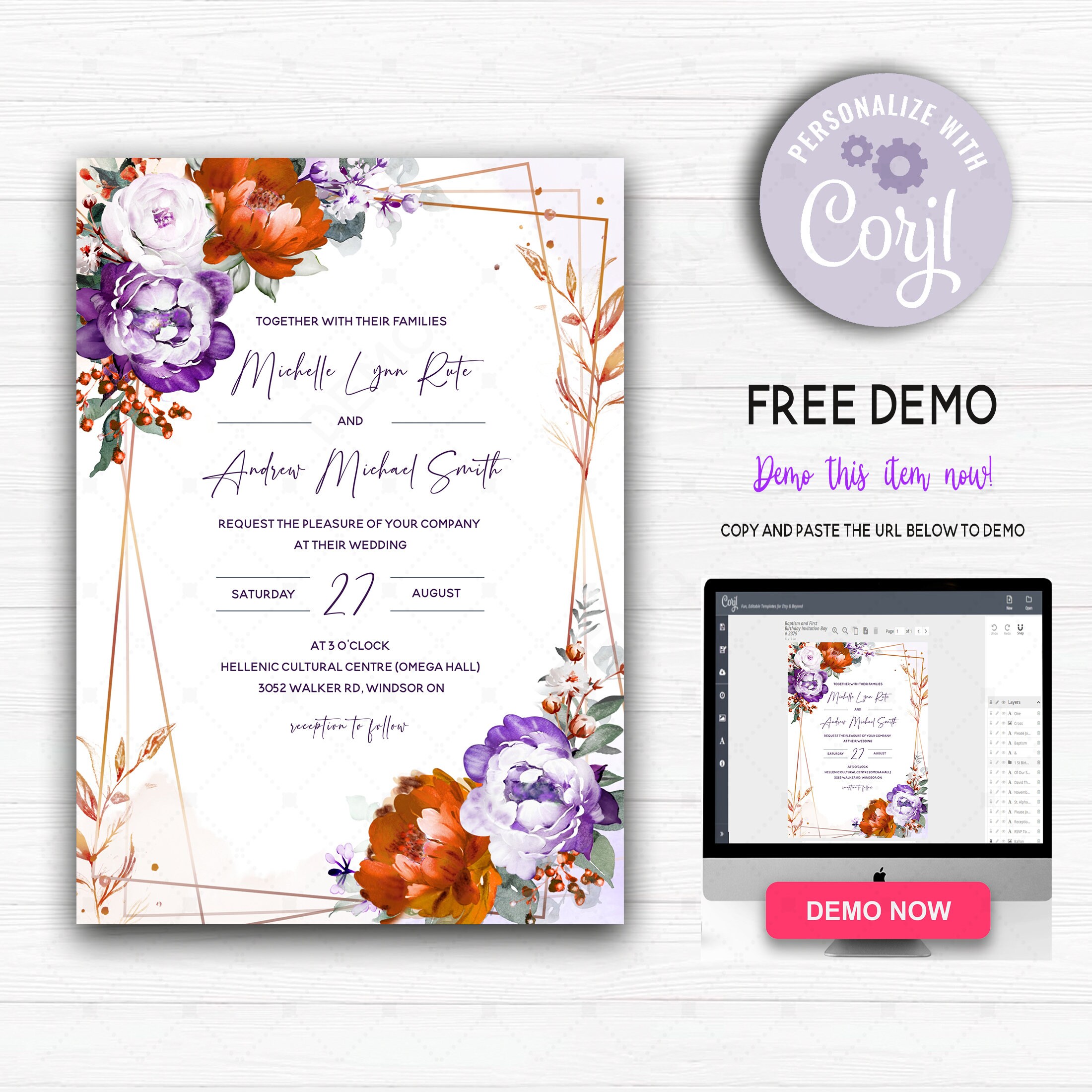Purple and Burnt Orange Wedding Invite Burnt Orange and - Etsy
