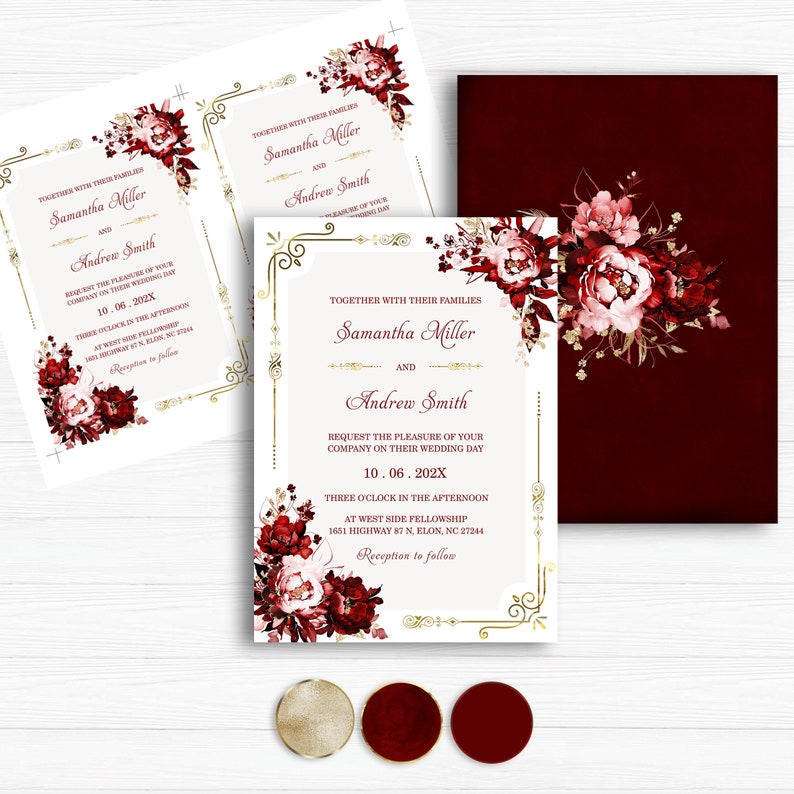 Gold and Burgundy Wedding Invitations, Editable Burgundy Wedding ...