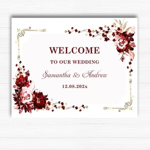 Gold and Burgundy Welcome Sign Template, Editable Burgundy Wedding ...