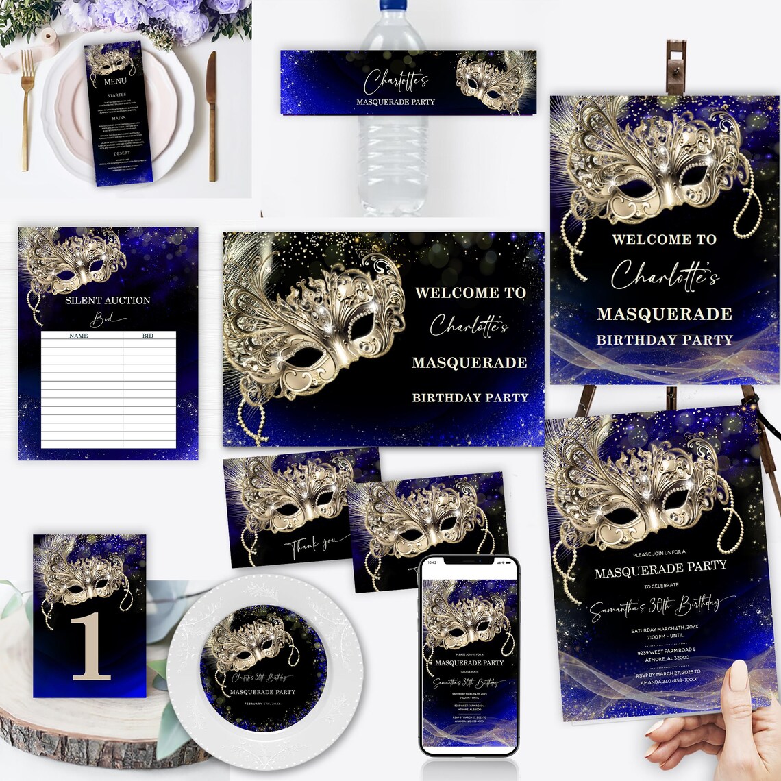 Editable Blue Gold Themes for Masquerade Party Bundle, Birthday Blue ...