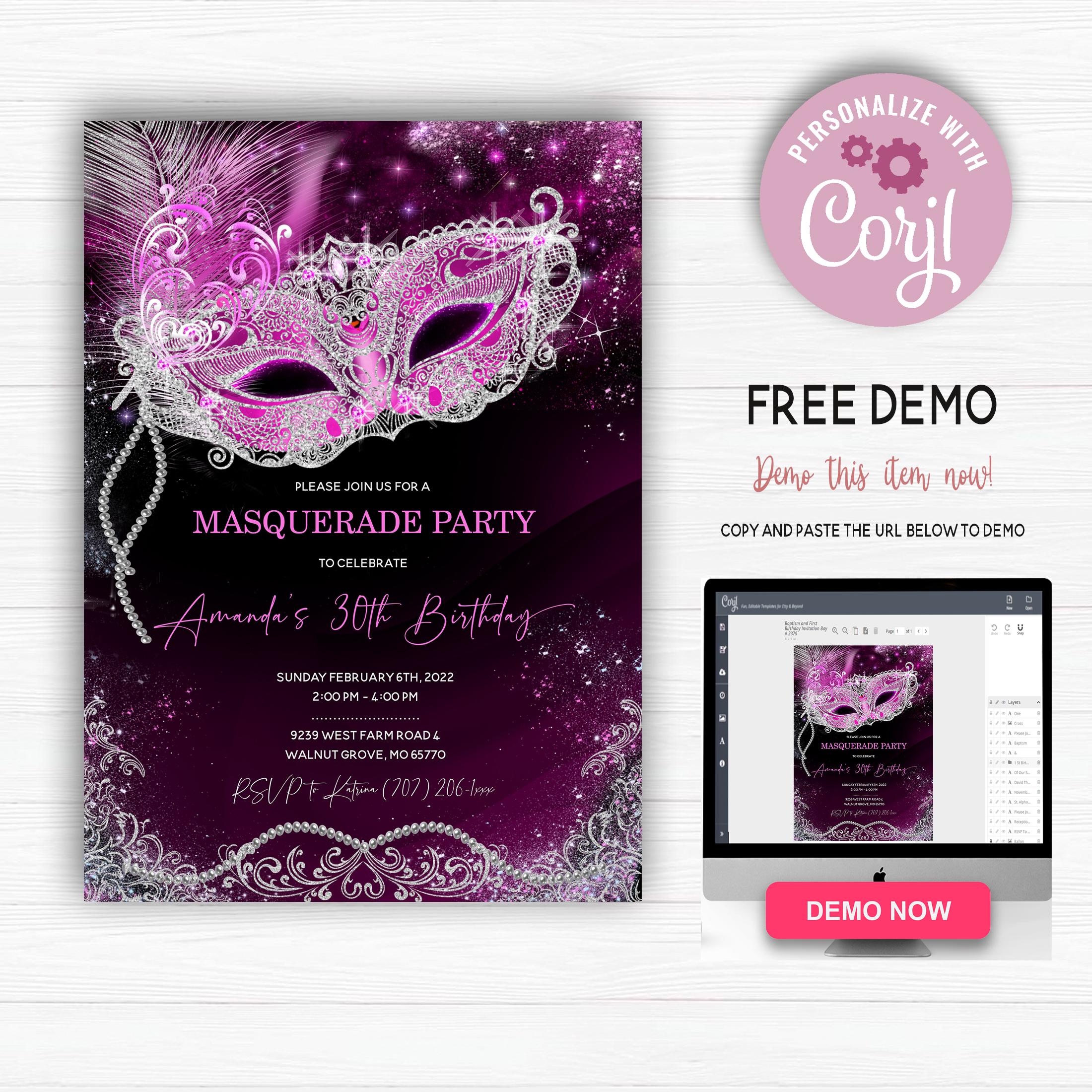 Editable Pink Themes for Masquerade Party, Birthday Masquerade Party ...
