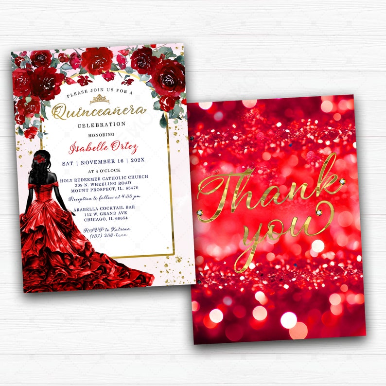 Quinceañera Invitations Red and Gold, Editable Themes Red Quinceanera ...