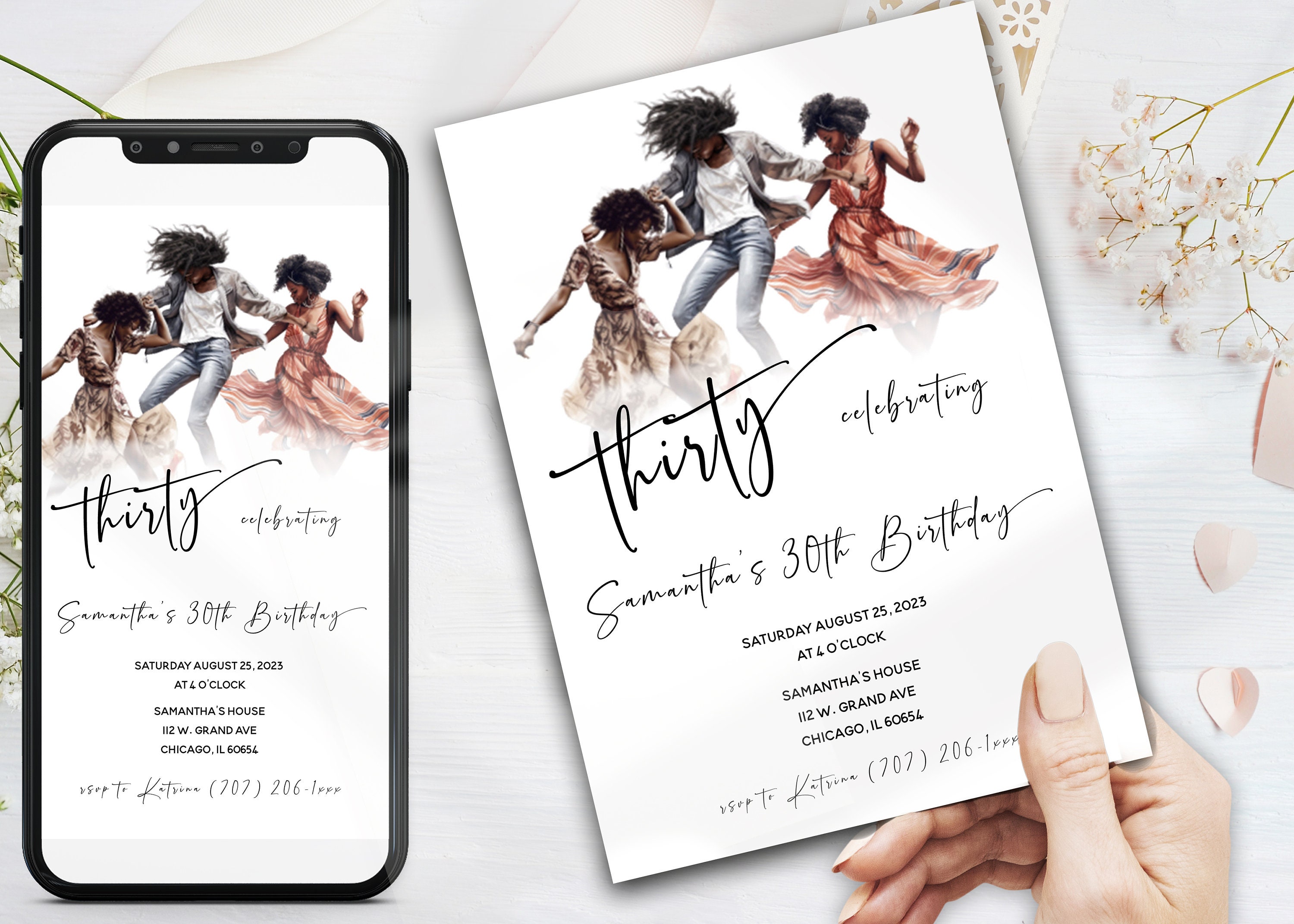 African American Woman Birthday Invitations, Editable Black Gold ...