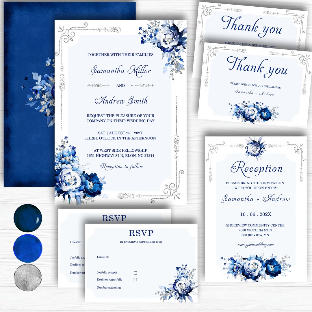 Royal Blue Silver Wedding Invitation Template Blue And White Wedding
