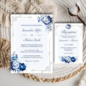 Royal Blue Silver Wedding Invitation Template, Blue and White Wedding ...