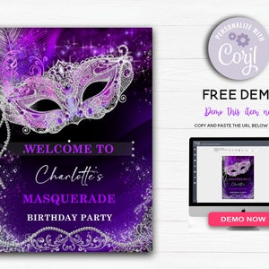 Masquerade Party Welcome 16 X 20 Sign, Black and Purple Masquerade ...