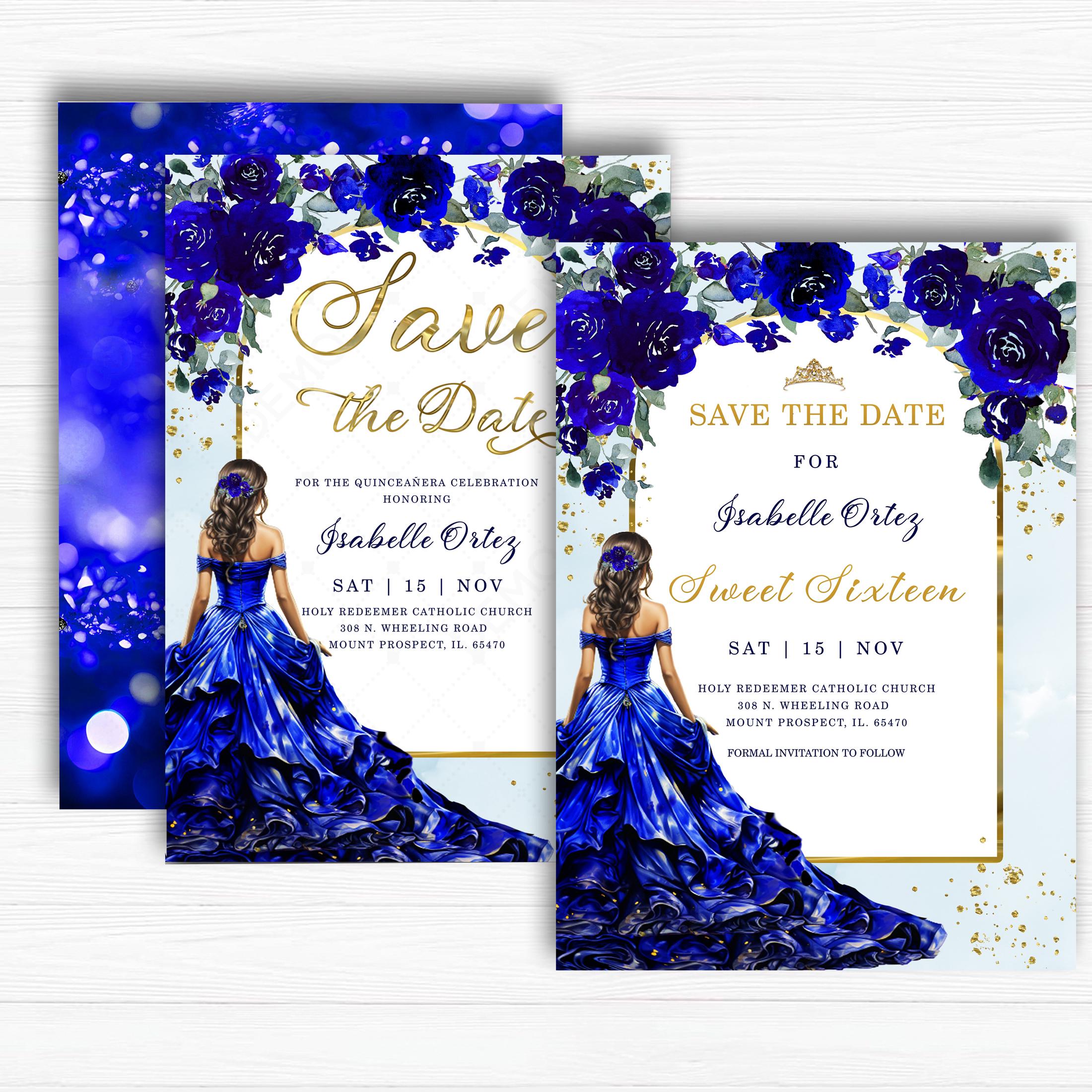 Quinceañera Save the Date Royal Blue and Gold, Editable Themes Royal ...