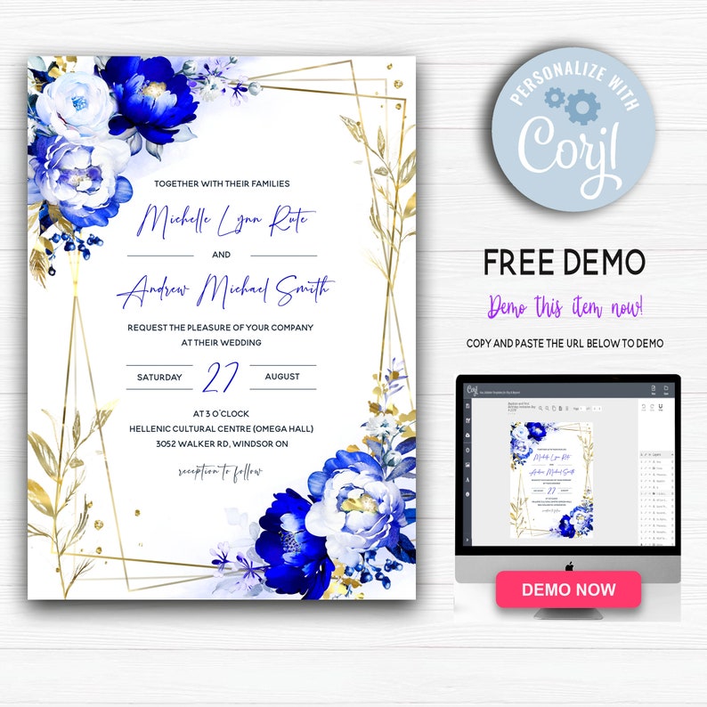 Royal Blue Wedding Invitation Template, Blue and Gold Wedding ...