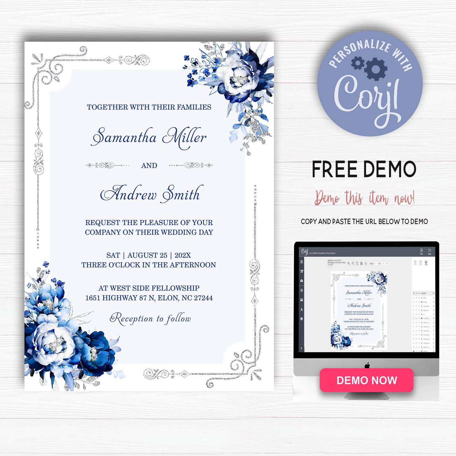 Royal Blue Silver Wedding Invitation Template, Blue and White Wedding ...