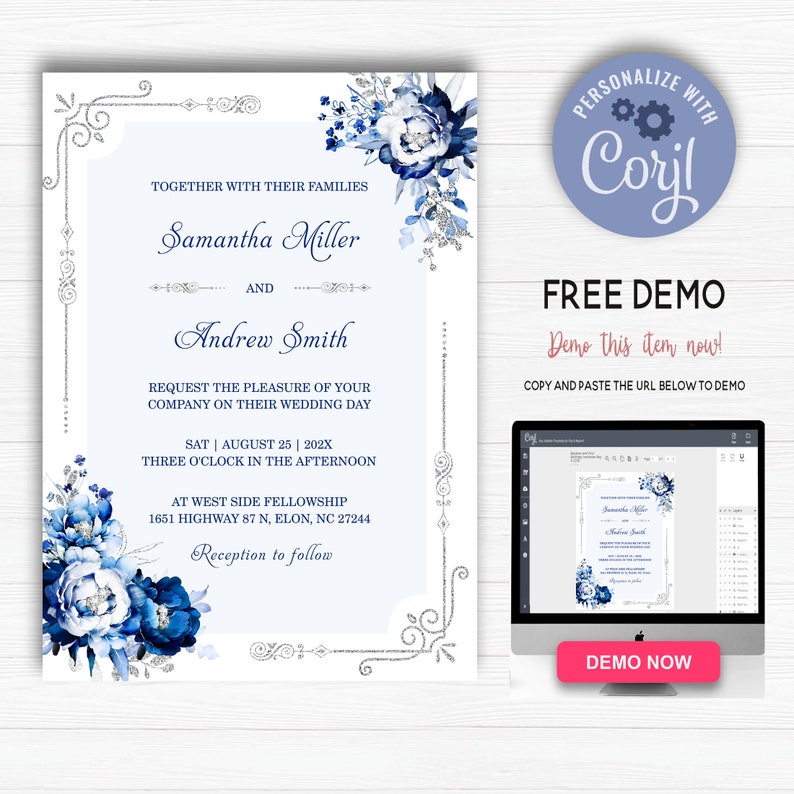 Royal Blue Silver Wedding Invitation Template, Blue and White Wedding ...