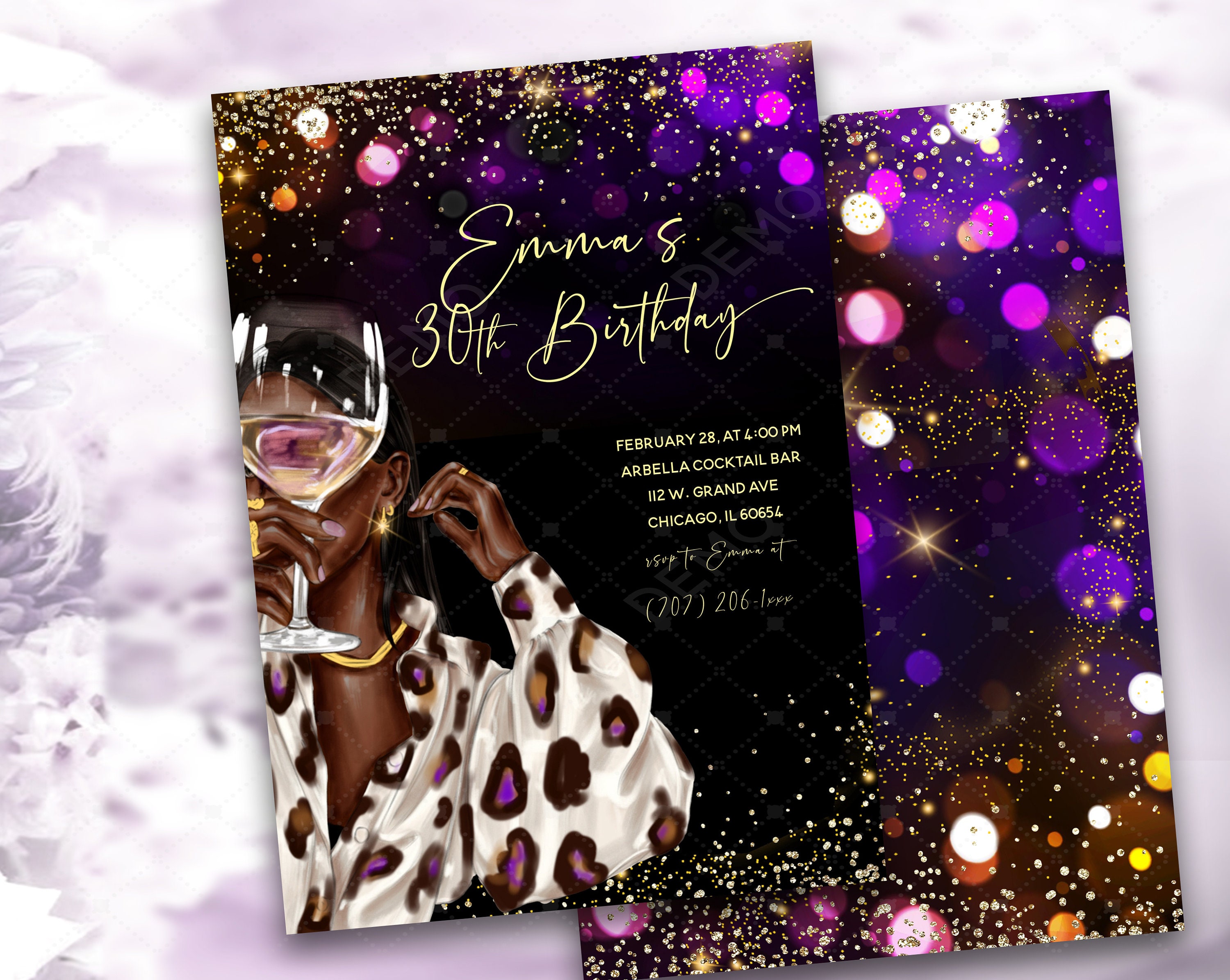 African American Woman Birthday Invitations, Editable Black Gold ...
