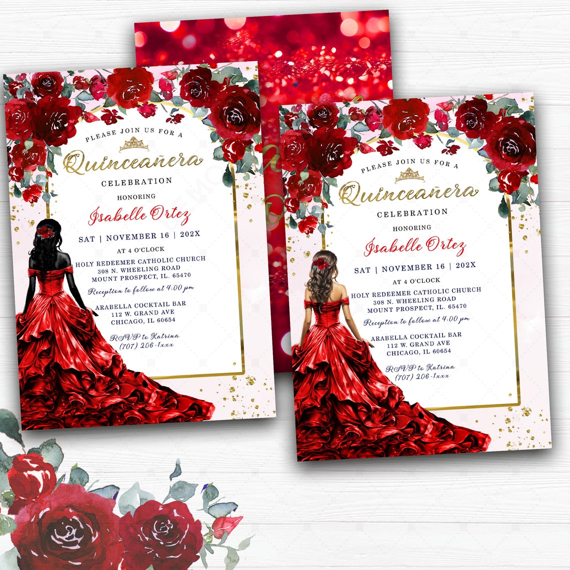 Quinceañera Invitations Red and Gold, Editable Themes Red Quinceanera ...