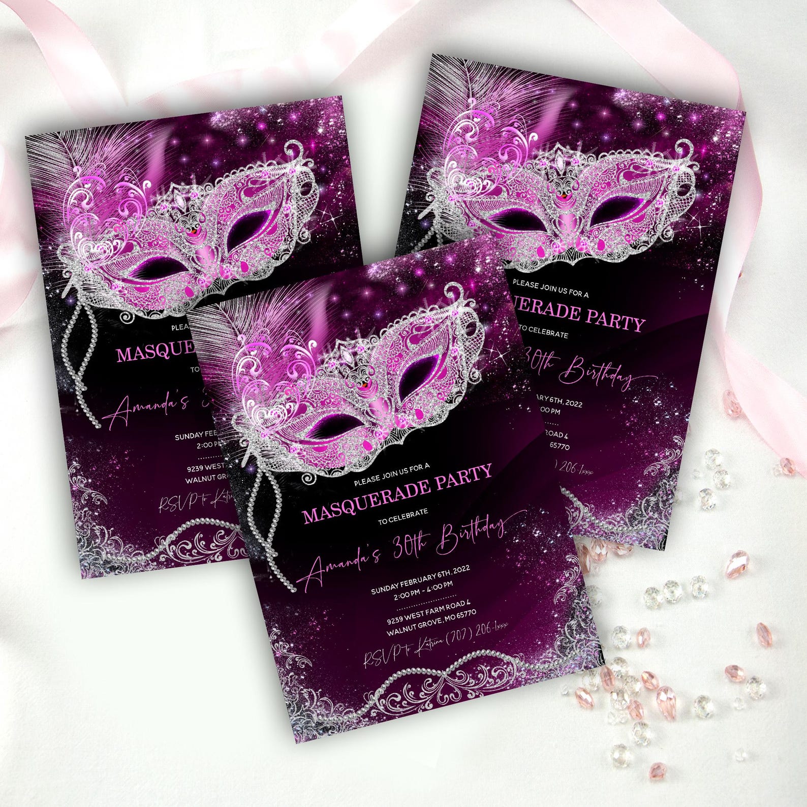 Editable Pink Themes for Masquerade Party, Birthday Masquerade Party ...
