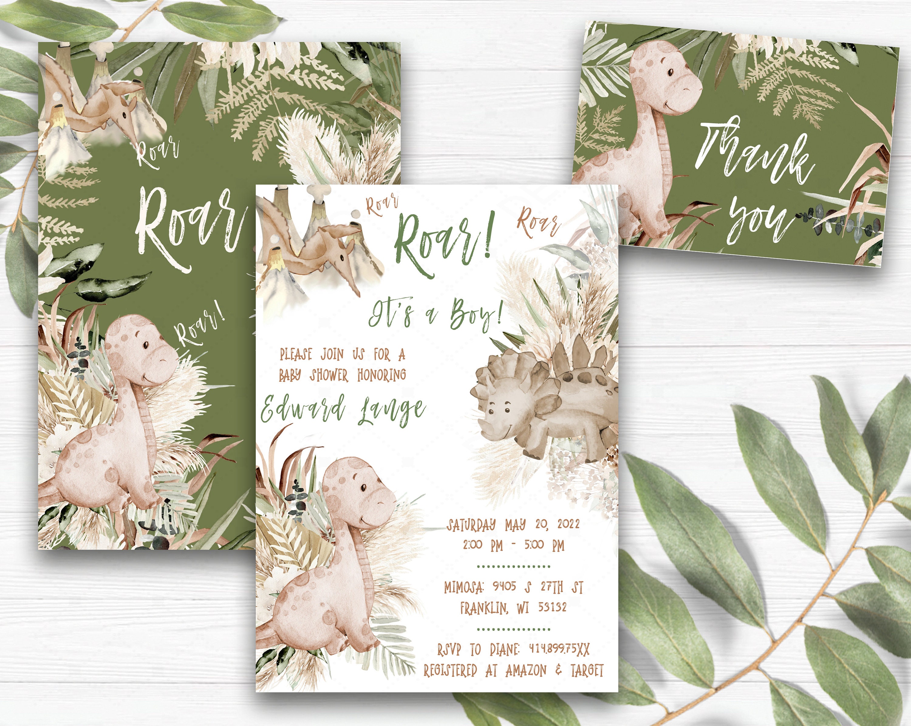 Baby Shower Invitations Dinosaur, Dinosaur Baby Shower Boho Invitation ...
