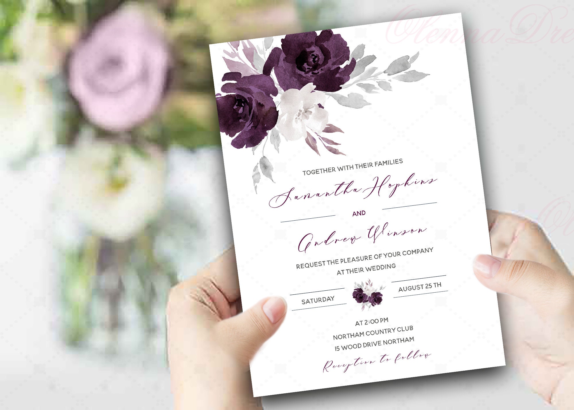 Plum and Grey Wedding Invitations Set, Plum and Grey Wedding Invitation ...