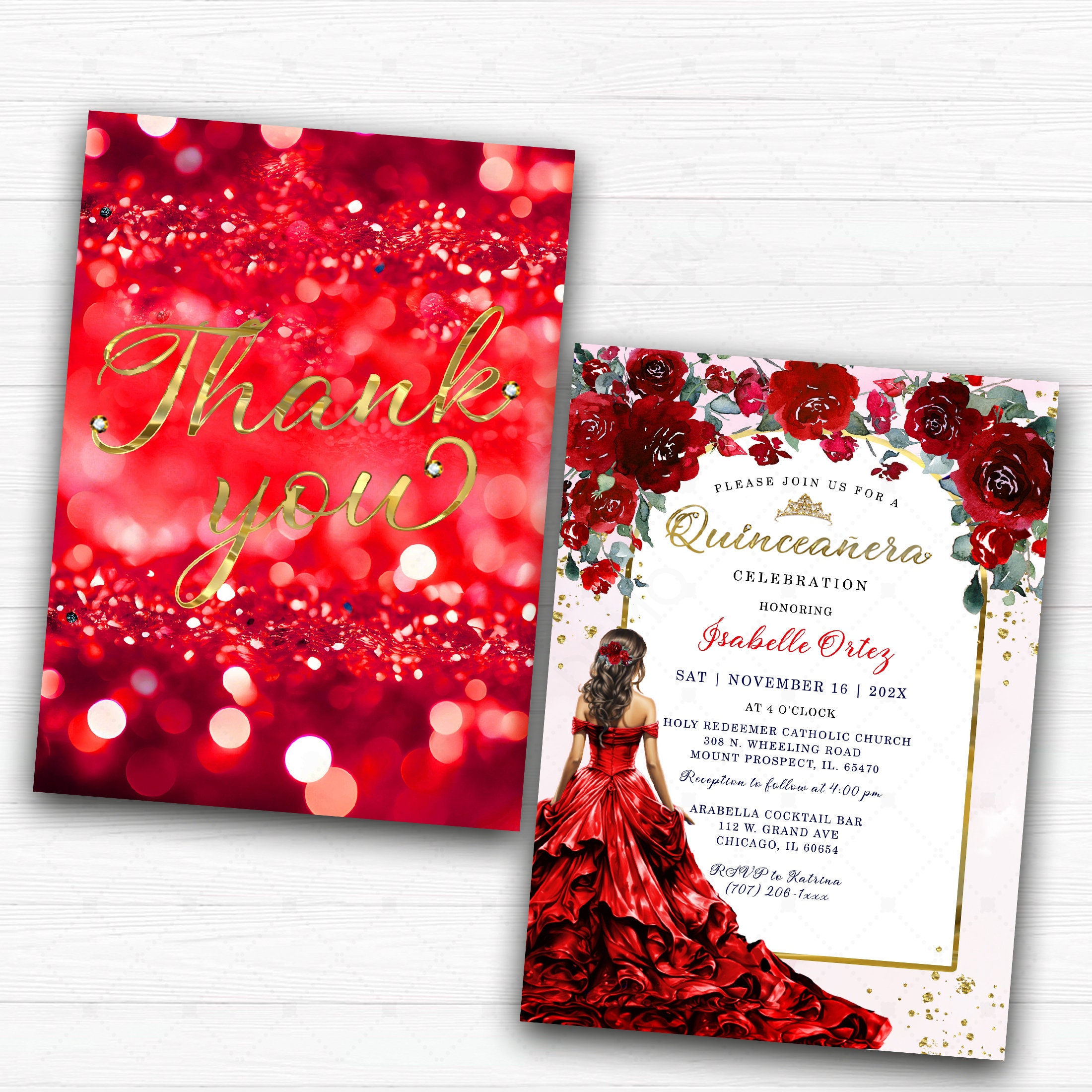 Quinceañera Invitations Red and Gold, Editable Themes Red Quinceanera ...