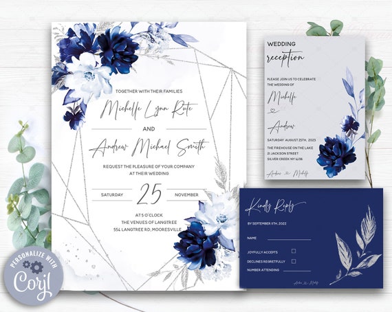 Plantilla de invitación de boda Azul Real Plantilla de - Etsy México