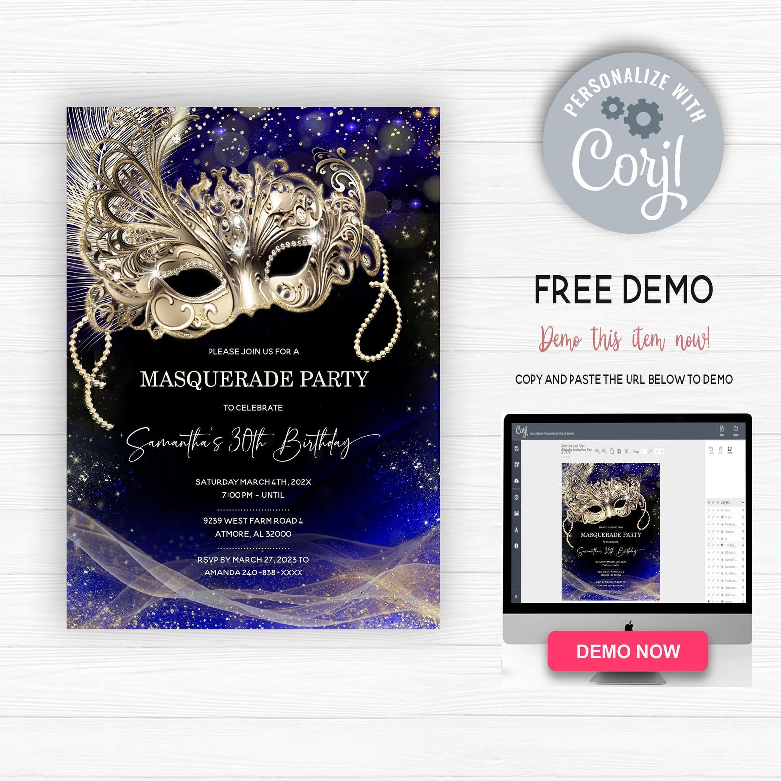 Editable Blue Gold Themes for Masquerade Party Bundle, Birthday Blue ...