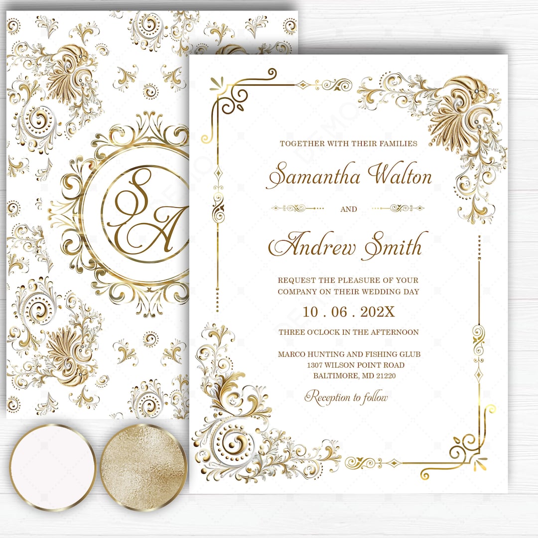 Editable Gold and White Wedding Invitations, Elegant White Gold Wedding ...