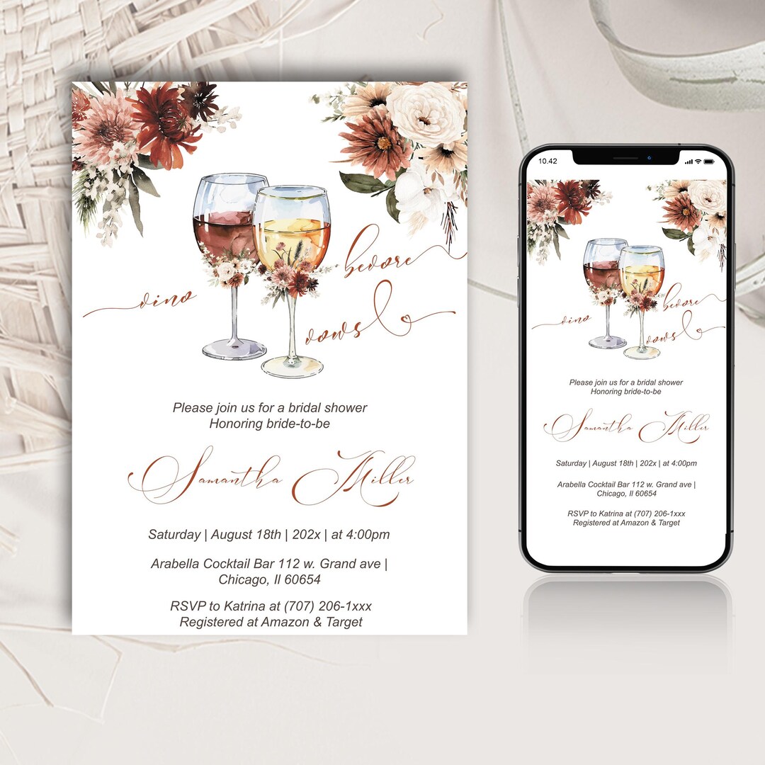 Wine Boho Bridal Shower Invite Template, Vino Before Vows, Wine Tasting ...