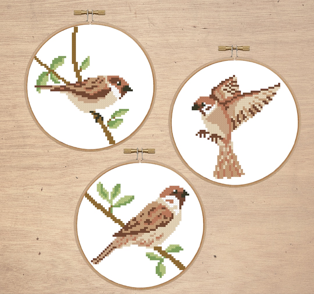 Sparrow Set Cross Stitch Pattern Birds Design Sparrows in Hoops Cross ...
