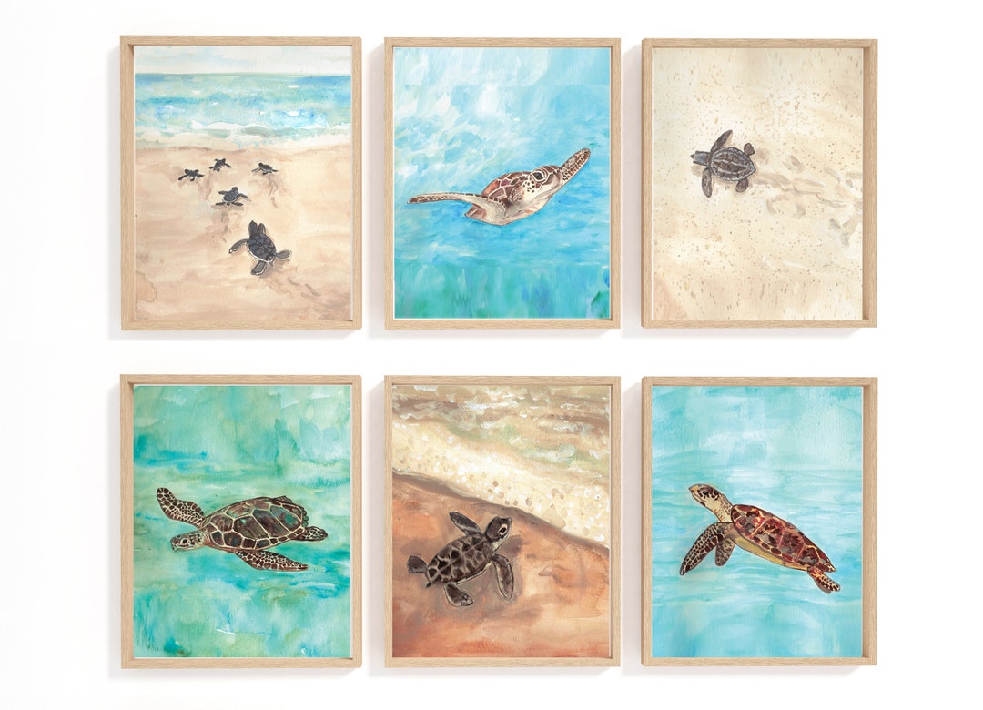 Sea Turtle Print Set, Beach House Wall Decor, Set of Six Original Sea ...
