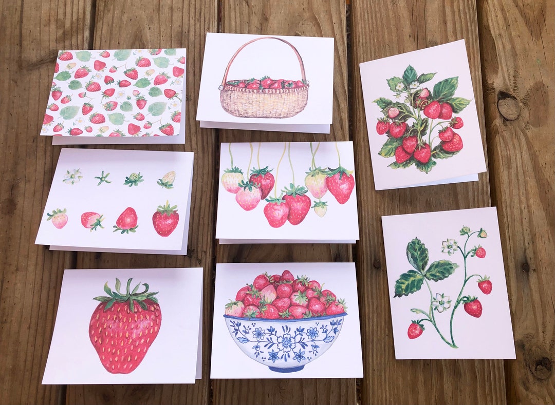 Strawberry Notecards, Set of 8 Cards With Envelopes, Strawberries in a ...