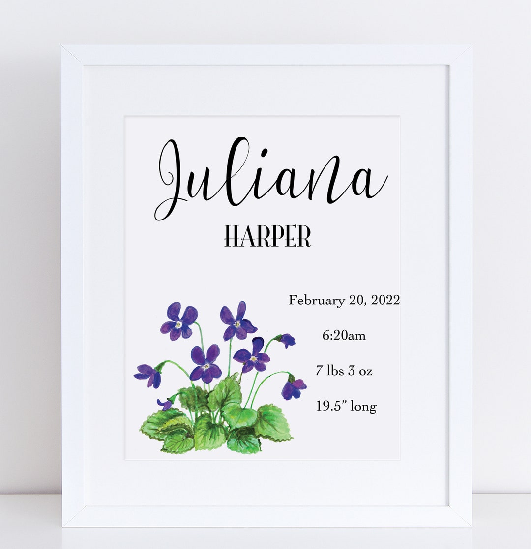 Birth Flower Name Sign, February, Name and Birth Stats Print, for ...