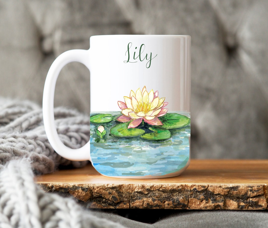 July Birth Flower Mug, Water Lily Mug, Can Be Personalized, Custom Name ...