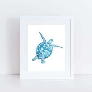 Blue Sea Turtle Print, Blue and White Sea Turtle Art, Beach House Wall ...