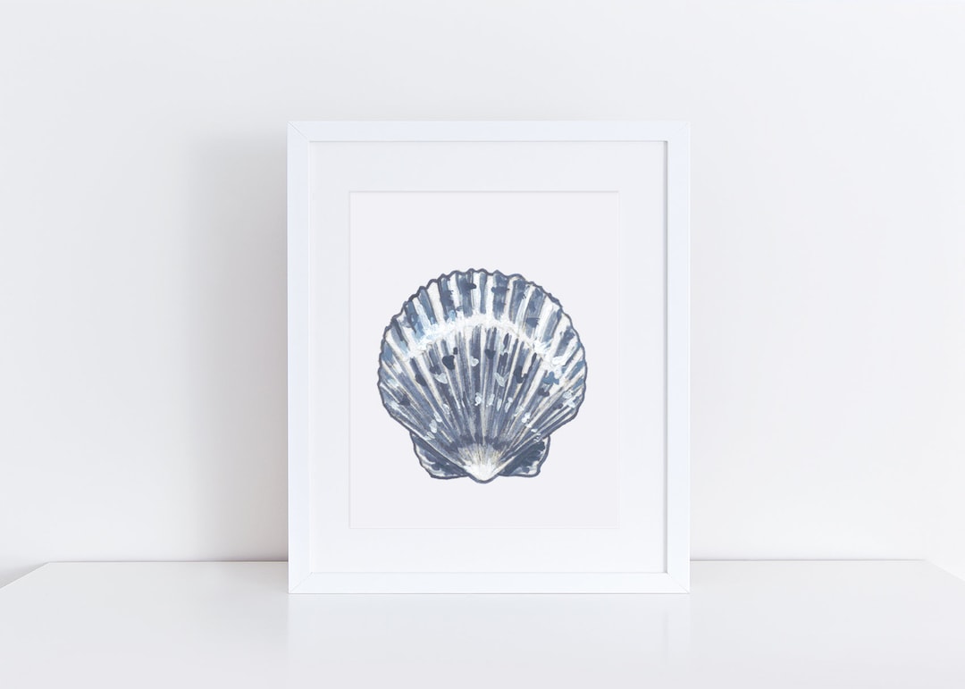 Blue Scallop Shell Print, Scallop Shell Painting, Blue Seashell Print ...