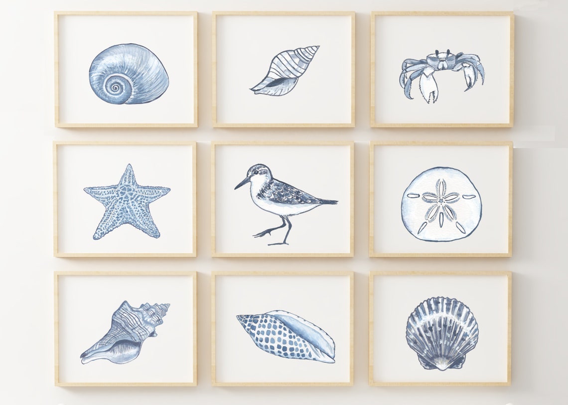 Blue Scallop Shell Print, Scallop Shell Painting, Blue Seashell Print ...