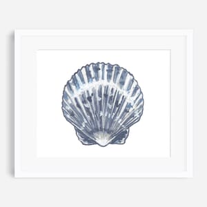 Blue Scallop Shell Print, Scallop Shell Painting, Blue Seashell Print ...