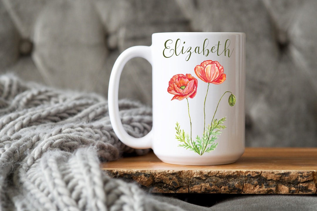 August Birth Flower Mug, Poppy Mug, Can Be Personalized, Custom Name ...