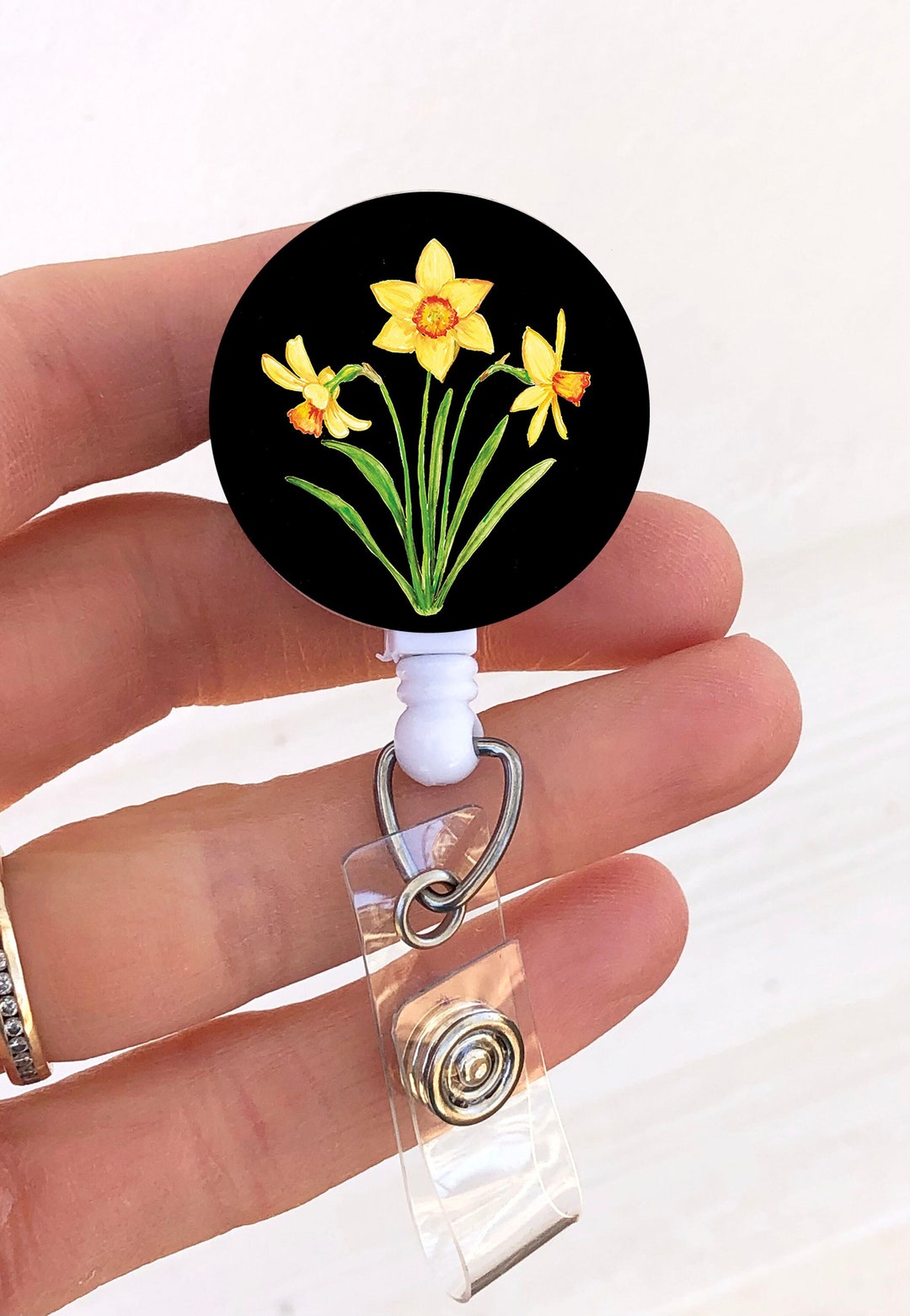 Daffodil March Birth Flower Badge Reel, Yellow Floral ID Holder, Badge ...