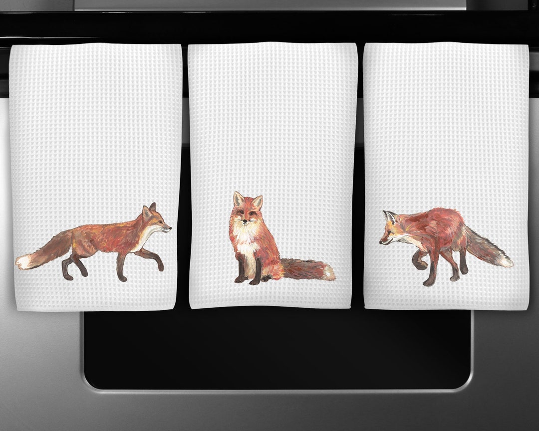 Set of 3 Red Fox Kitchen Dish Towels, Tea Towel, Woodland Animal, Hand ...
