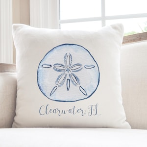Personalized Sand Dollar Pillow, Blue and White Seashell Throw Pillow ...