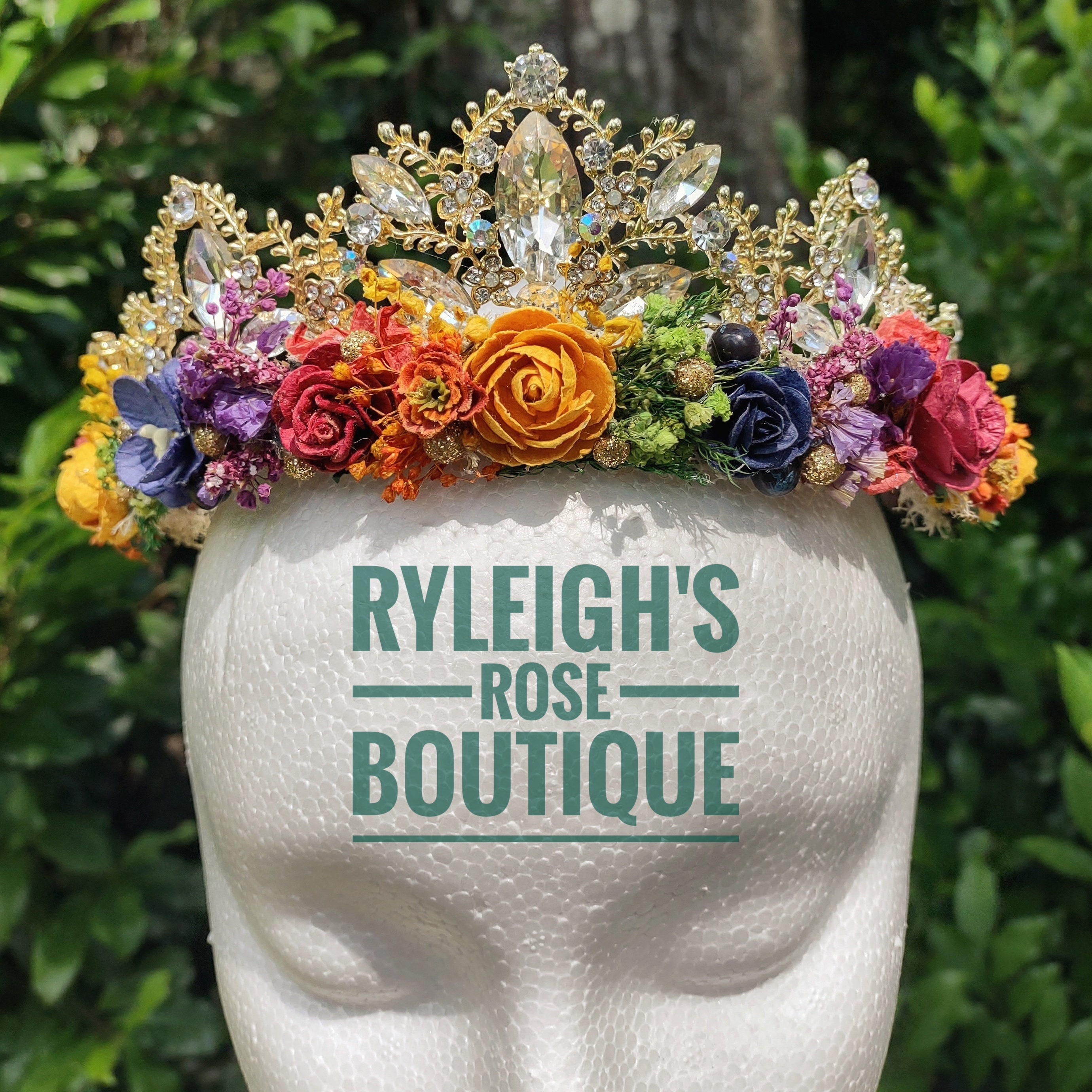 Autumn Rainbow Tiara, Jewel Toned Floral Crown, Dried Flowers, Wedding ...
