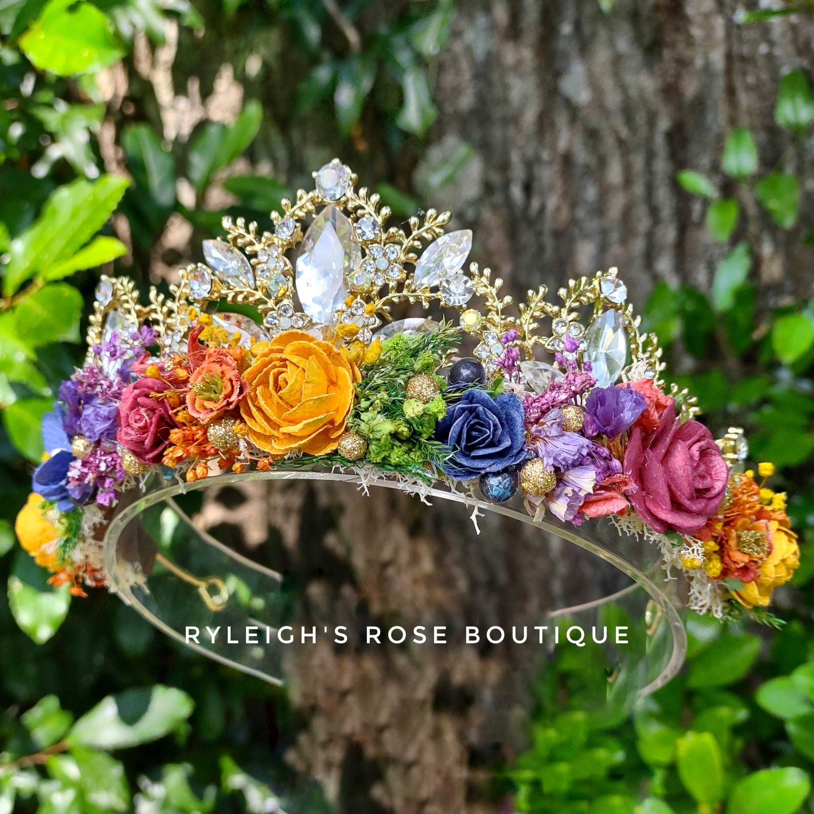 Autumn Rainbow Tiara, Jewel Toned Floral Crown, Dried Flowers, Wedding ...