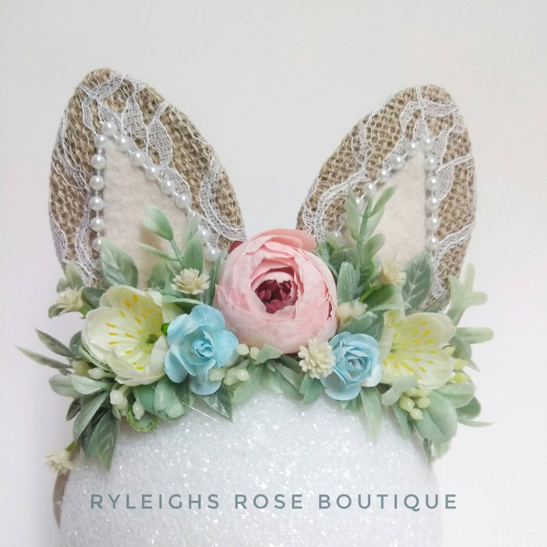 Floral Bunny Ears, Bunny Ears Headband, Pink Flower Crown, Girls Photo ...