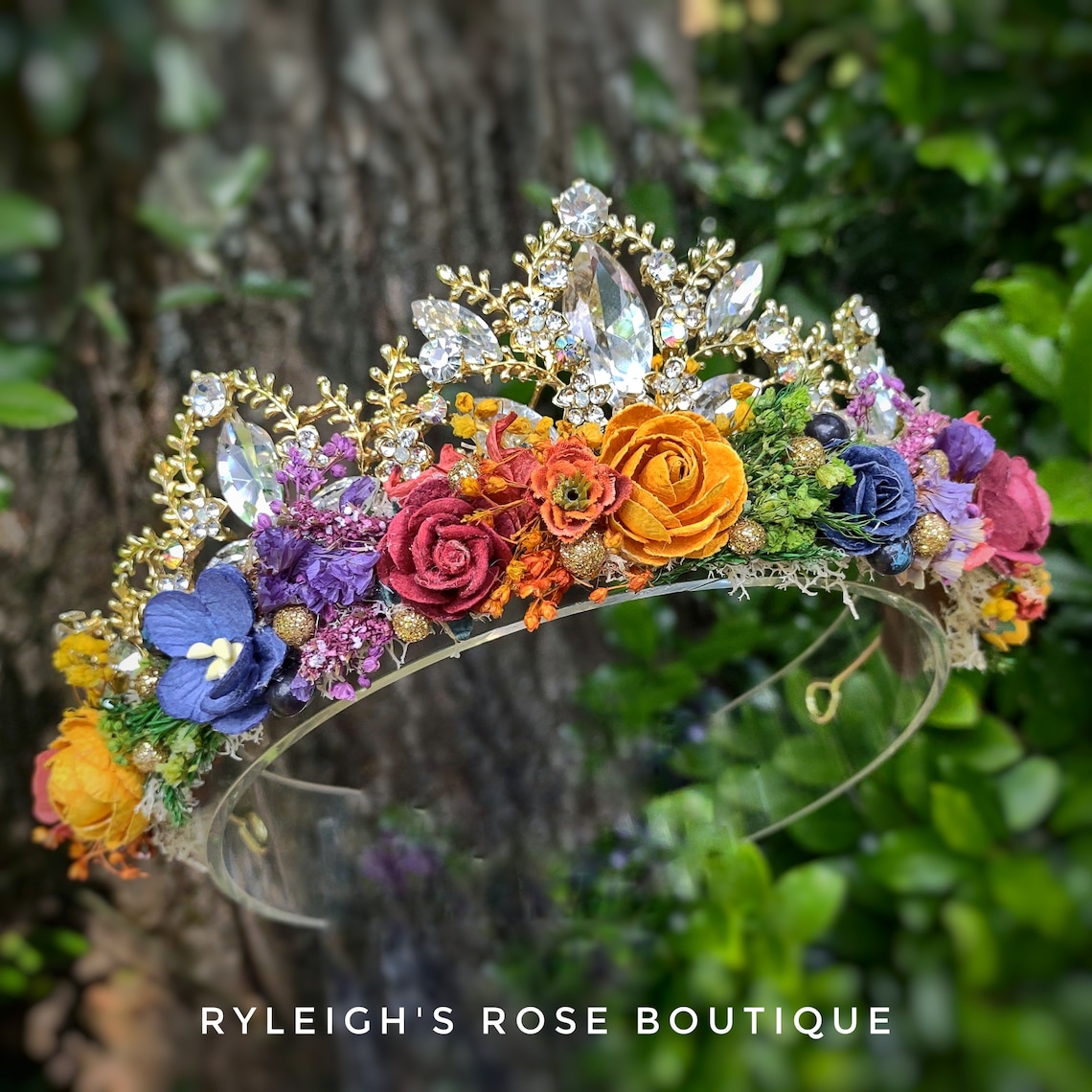 Autumn Rainbow Tiara, Jewel Toned Floral Crown, Dried Flowers, Wedding ...