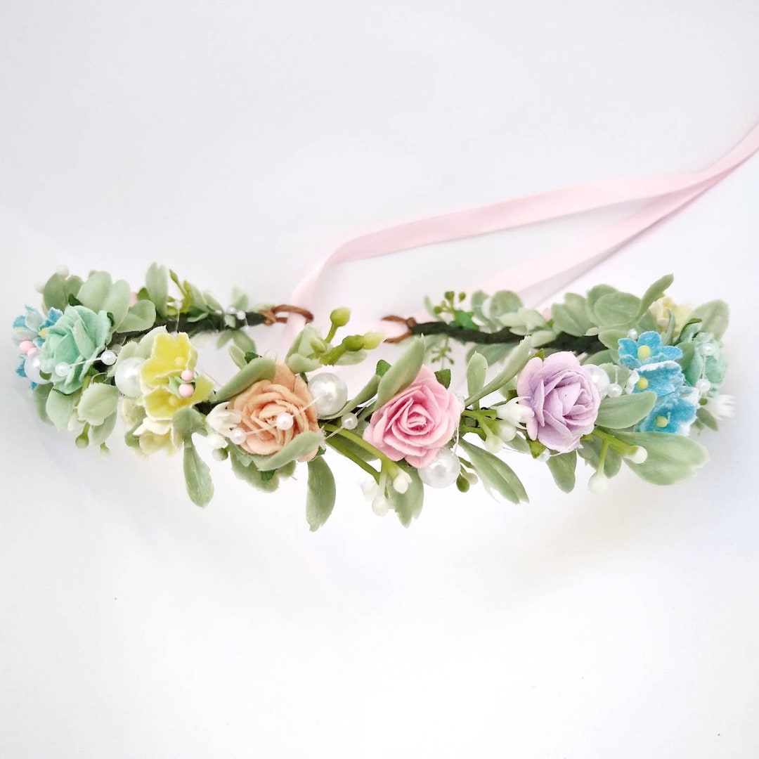 Pastel Rainbow Flower Crown, Dainty Halo, Roses and Pearls, Spring ...