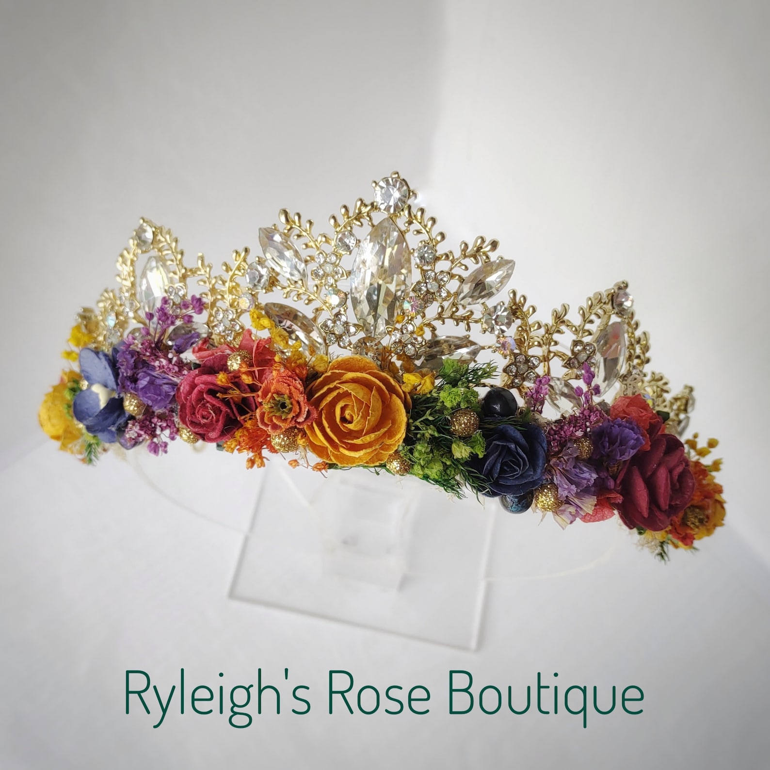 Autumn Rainbow Tiara, Jewel Toned Floral Crown, Dried Flowers, Wedding ...
