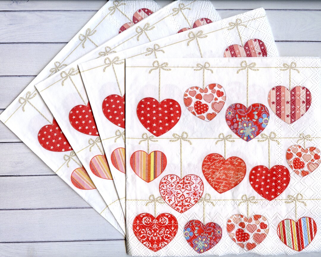 4 Red Hearts Decoupage Napkins Valentines Paper Napkin for Decoupage ...