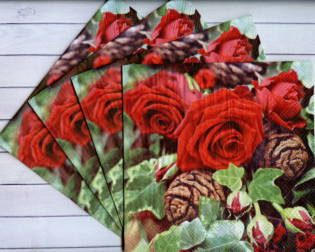 4 Red Roses Napkin for Decoupage Roses and Pine Cones Paper Decoupage ...