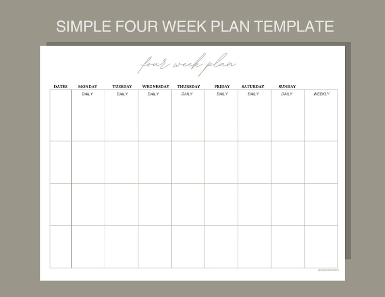 Four Week Plan Template - Etsy