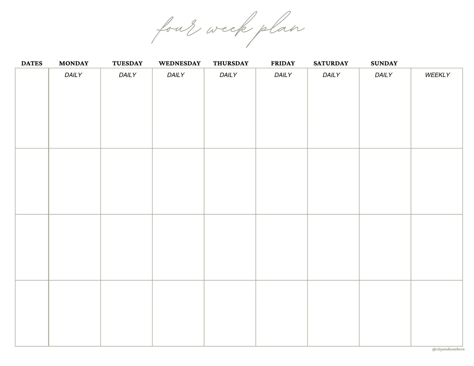 Four Week Plan Template - Etsy